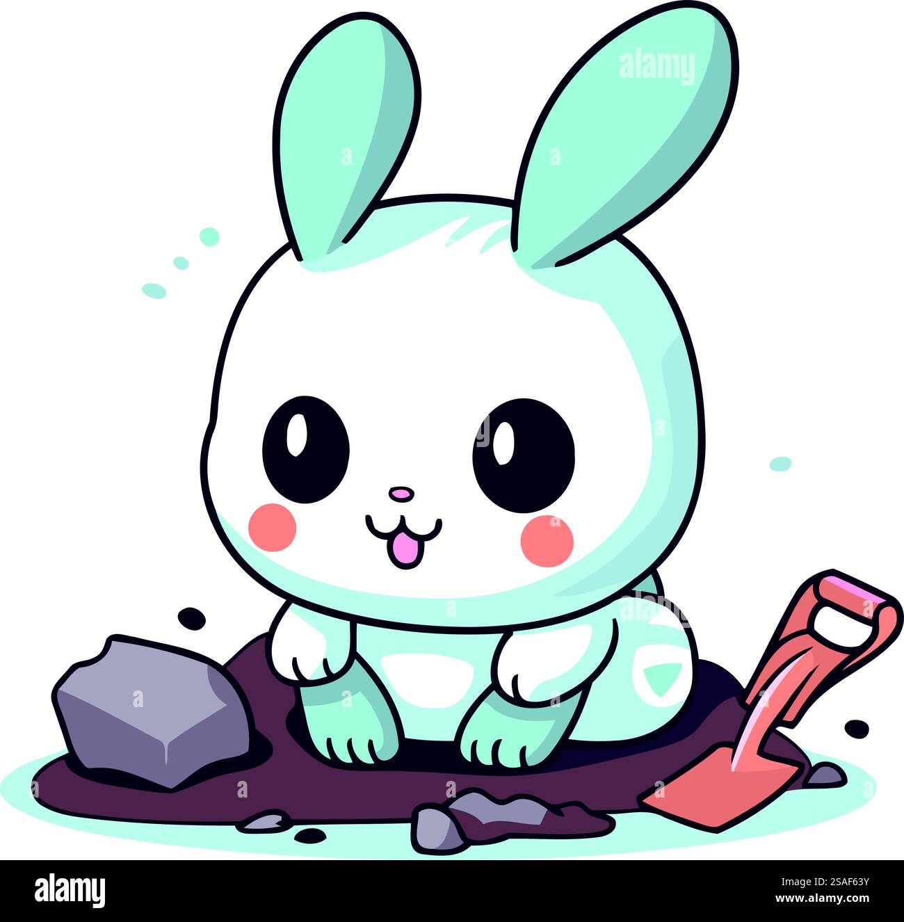 Cute cartoon rabbit digging a hole with shovel. Vector illustration ...