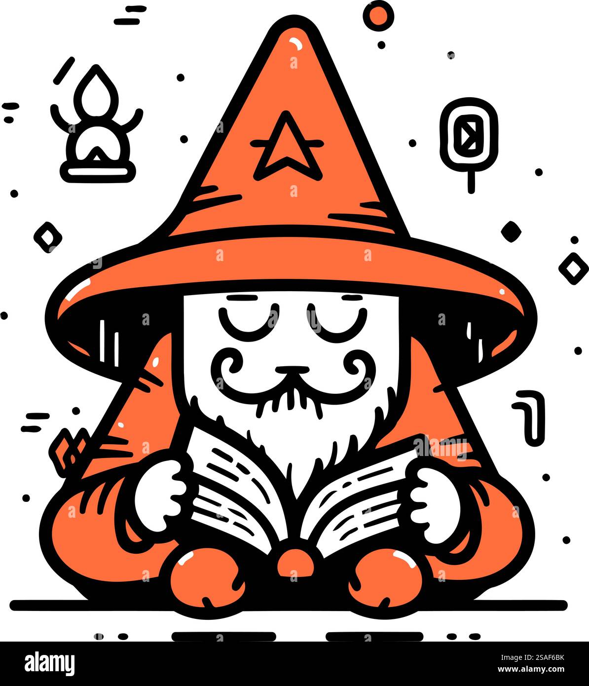 Halloween witch in orange hat reading book. Vector illustration in line ...