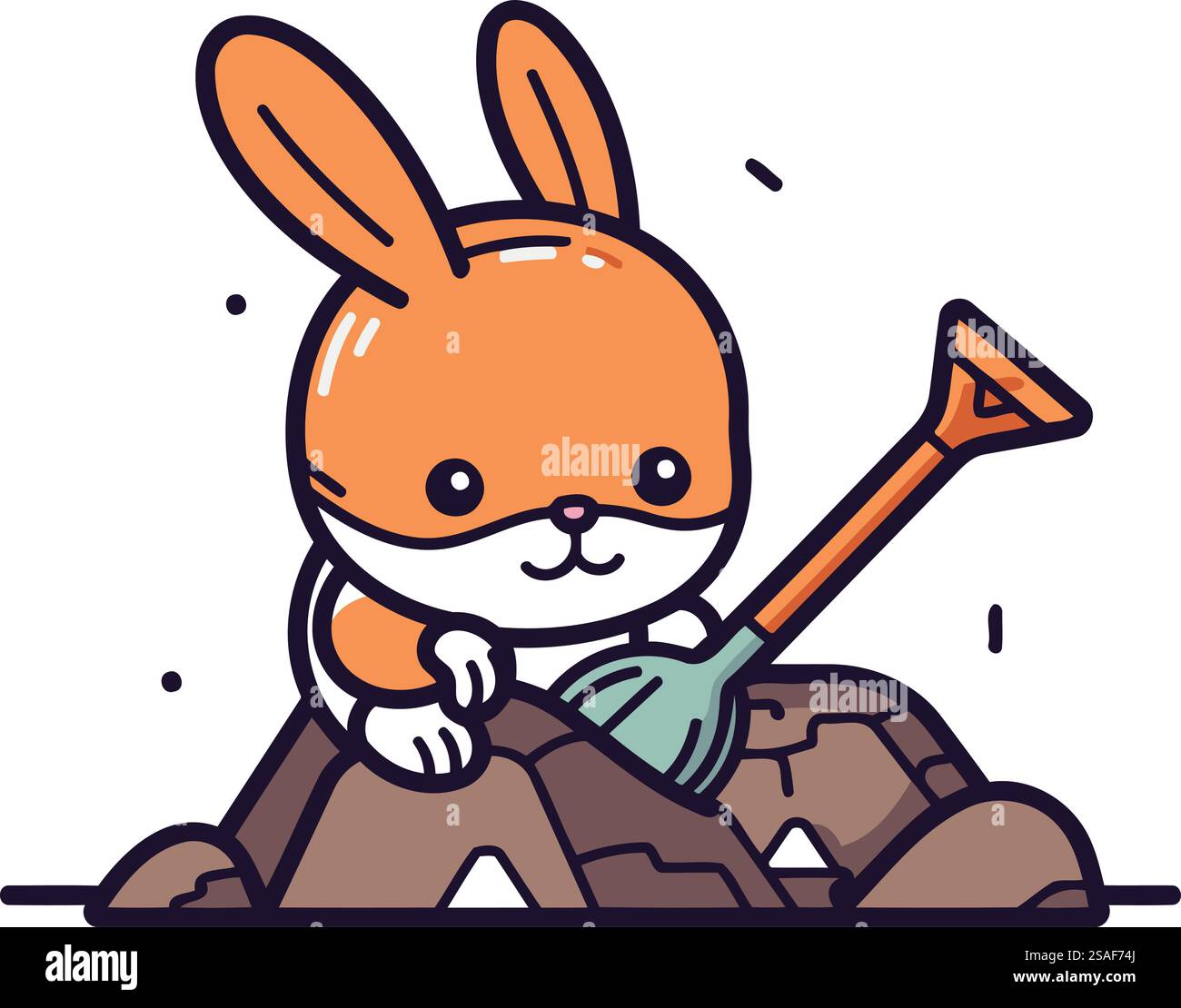 Cute little rabbit sitting on the rock with shovel. Vector flat cartoon ...