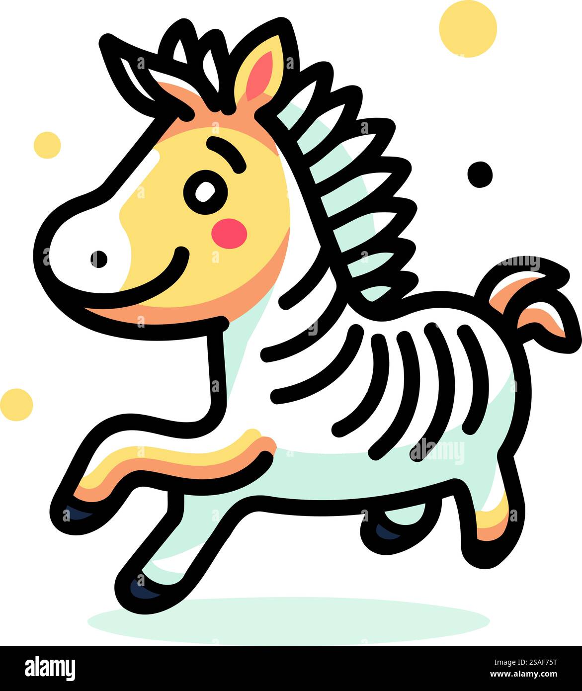 Vector illustration of cartoon zebra running on white background. Line ...