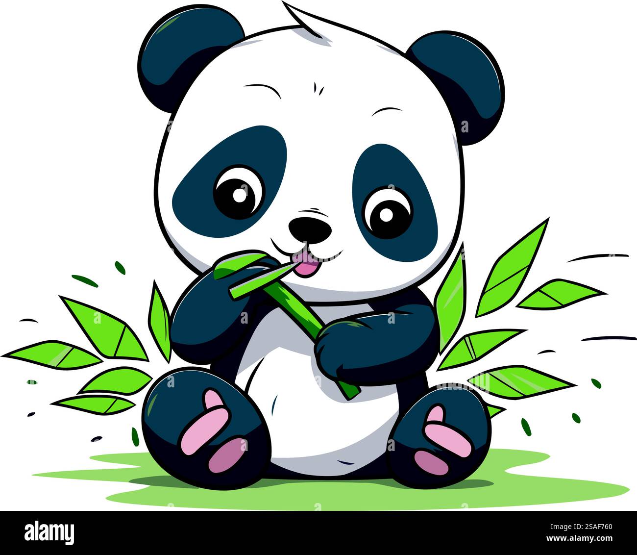 Cute panda sitting on the ground and eating bamboo. Vector illustration ...