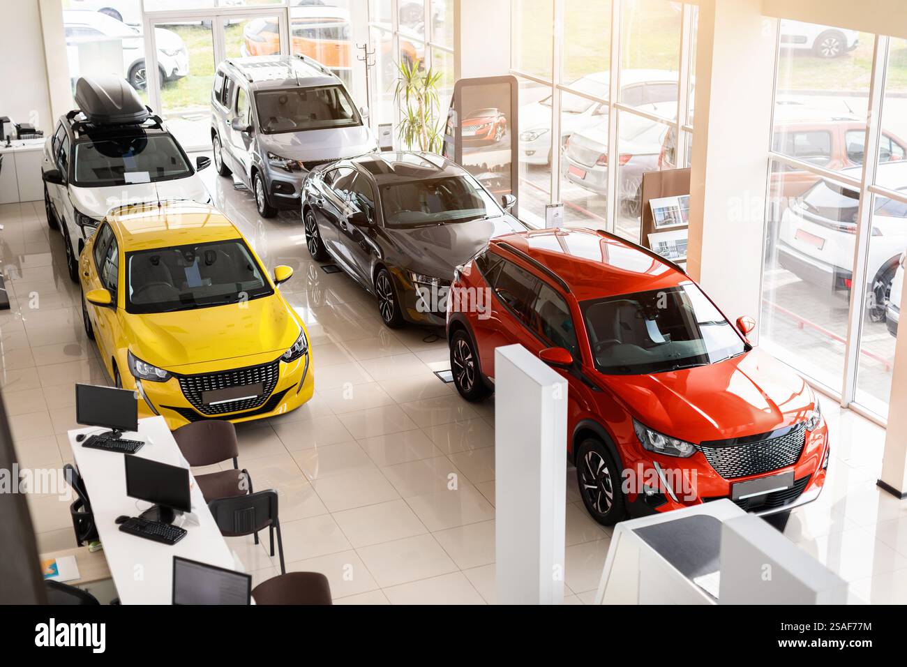 Beautiful modern cars at luxury dealership salon, view above Stock ...
