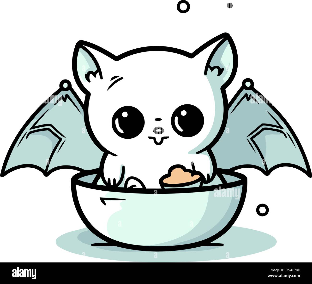 Cute cartoon cat with bat wings in bowl. Vector illustration Stock ...
