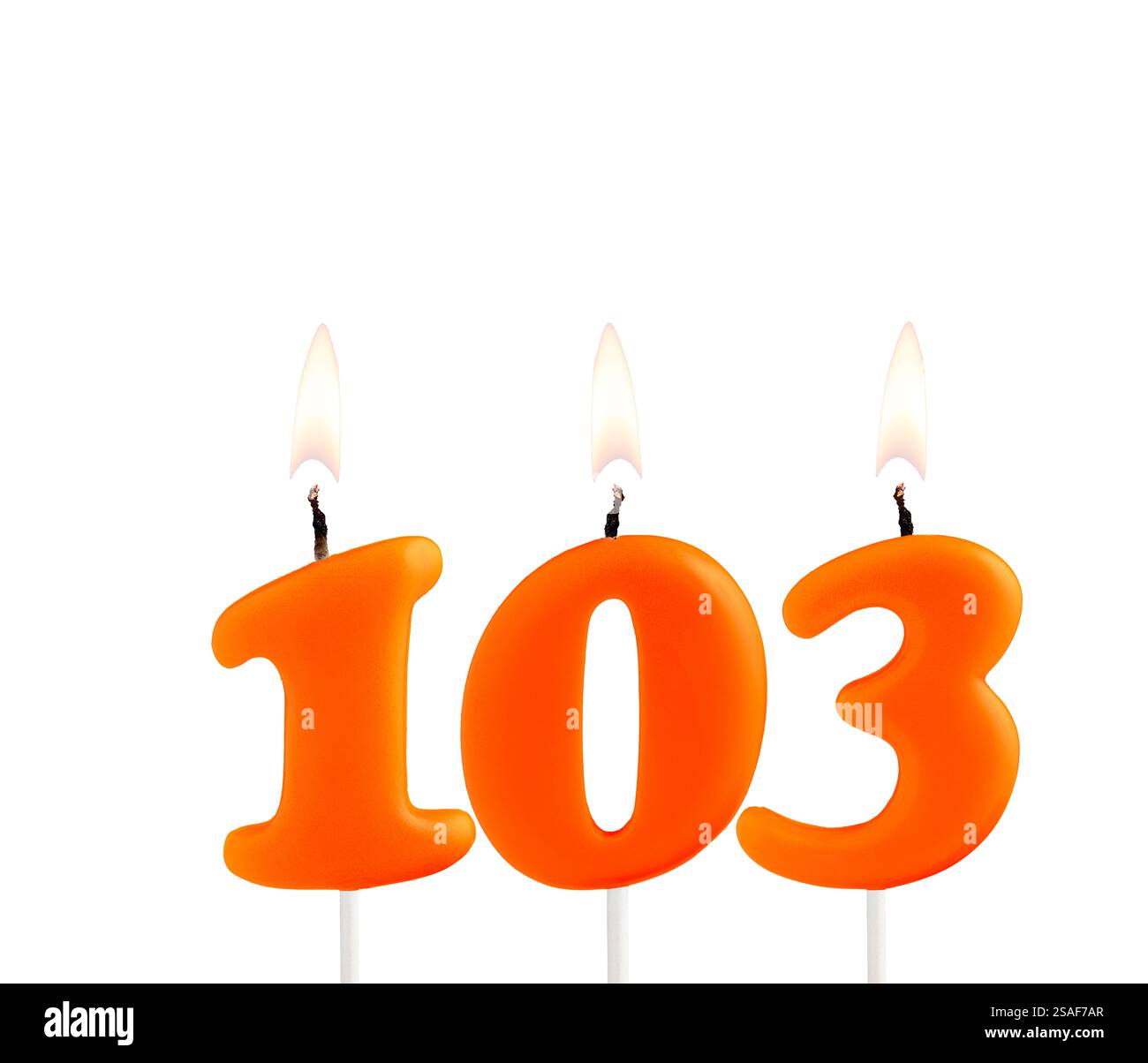 Lit birthday candle - Candle number 103 on white background Stock Photo ...