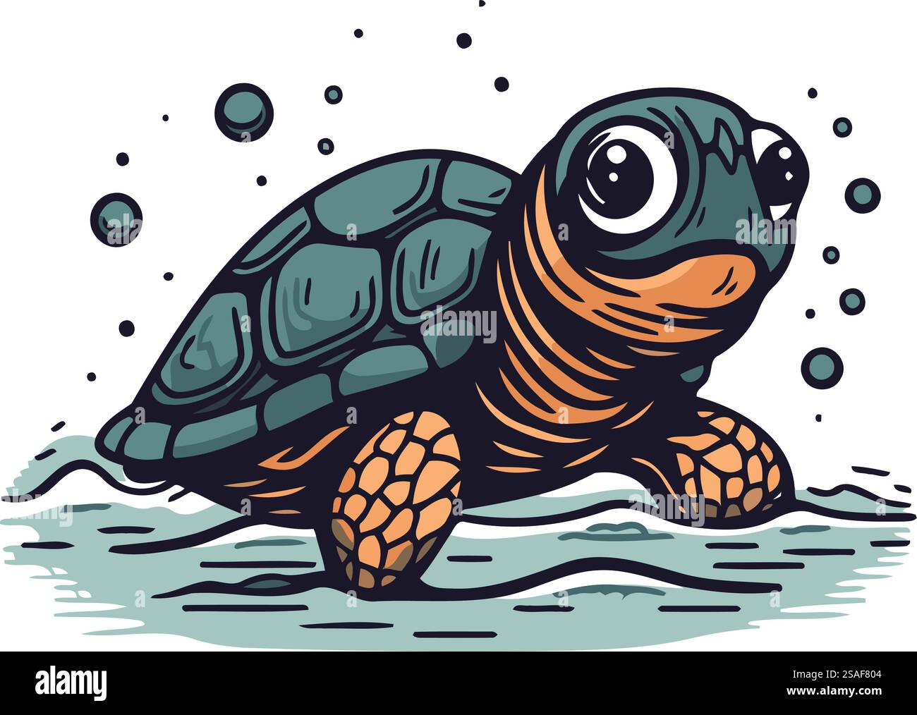 Cute cartoon turtle swimming in water. Hand drawn vector illustration ...