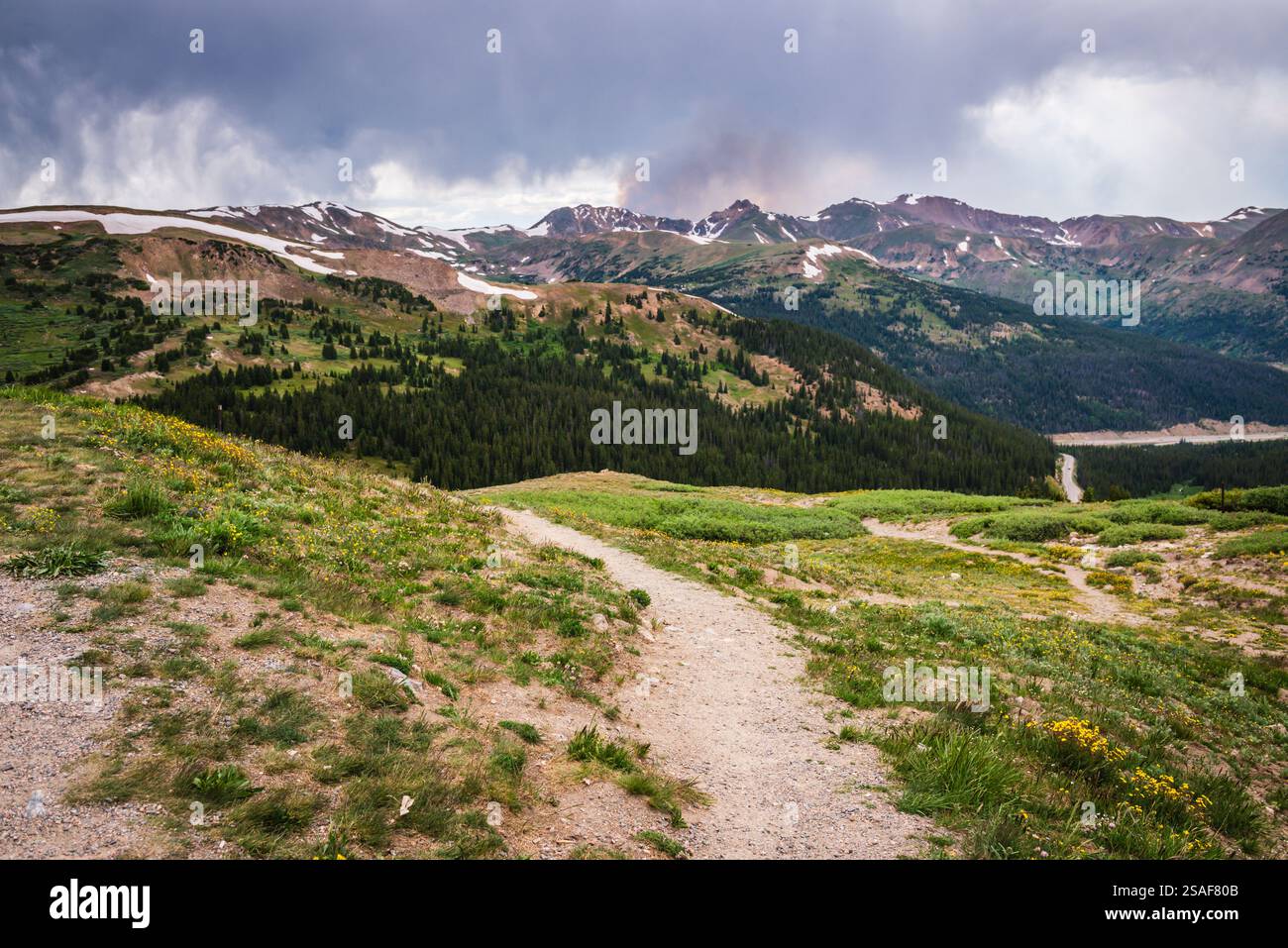 Hiking trail at Loveland Pass, a high mountain pass in Colorado, at an ...
