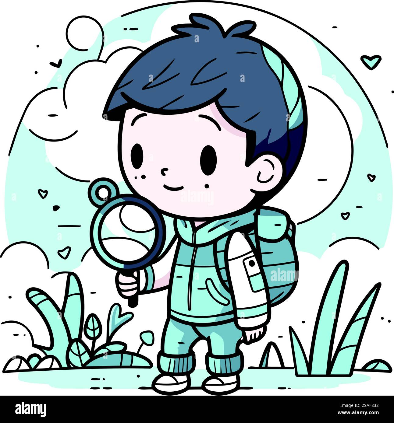 Cute little boy explorer with magnifying glass. vector illustration ...