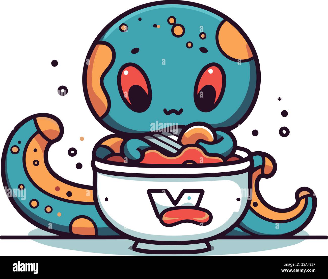 Cute cartoon octopus eating a bowl of cereals. Vector illustration ...