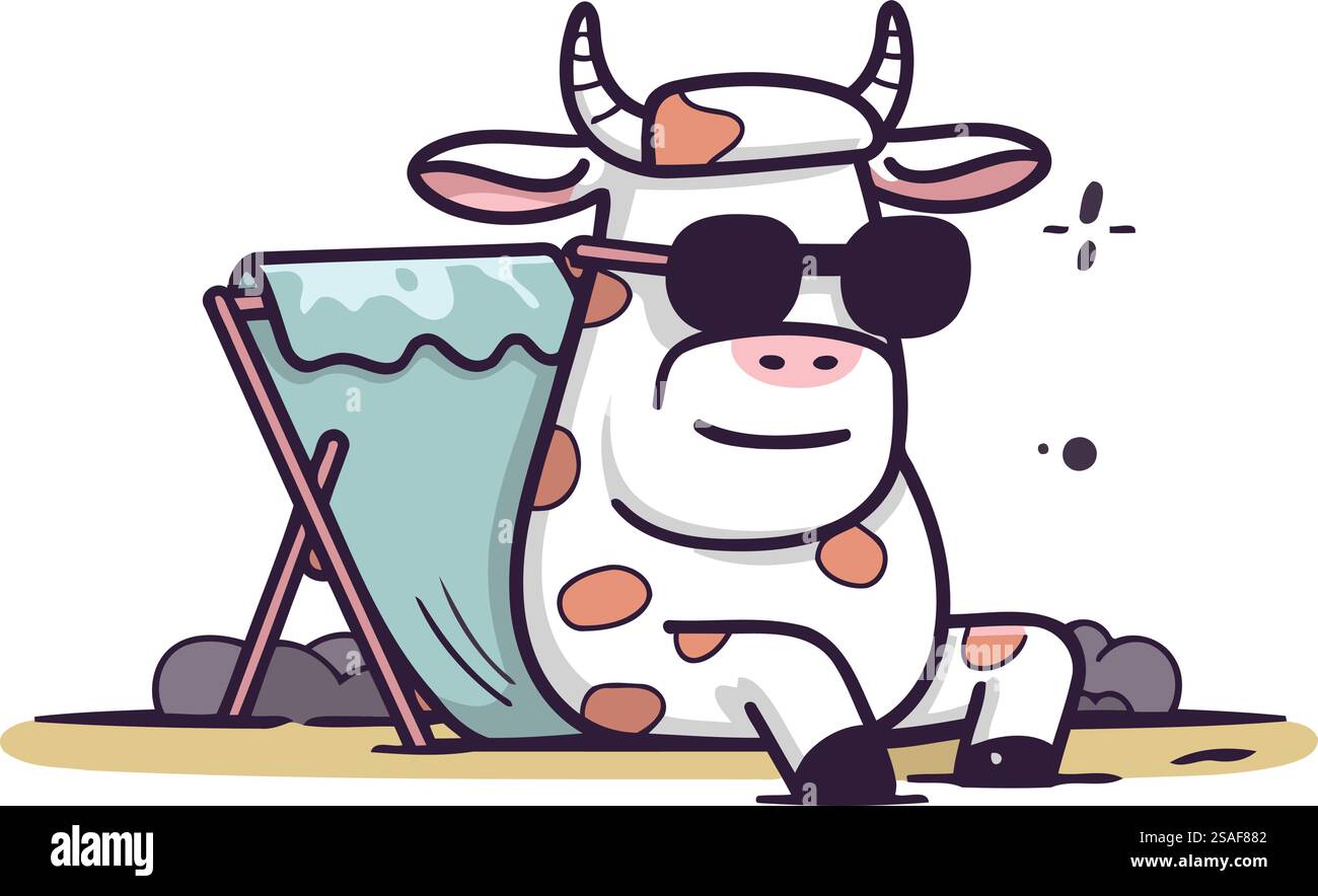 Cute cow in sunglasses sitting on the beach. vector illustration Stock ...