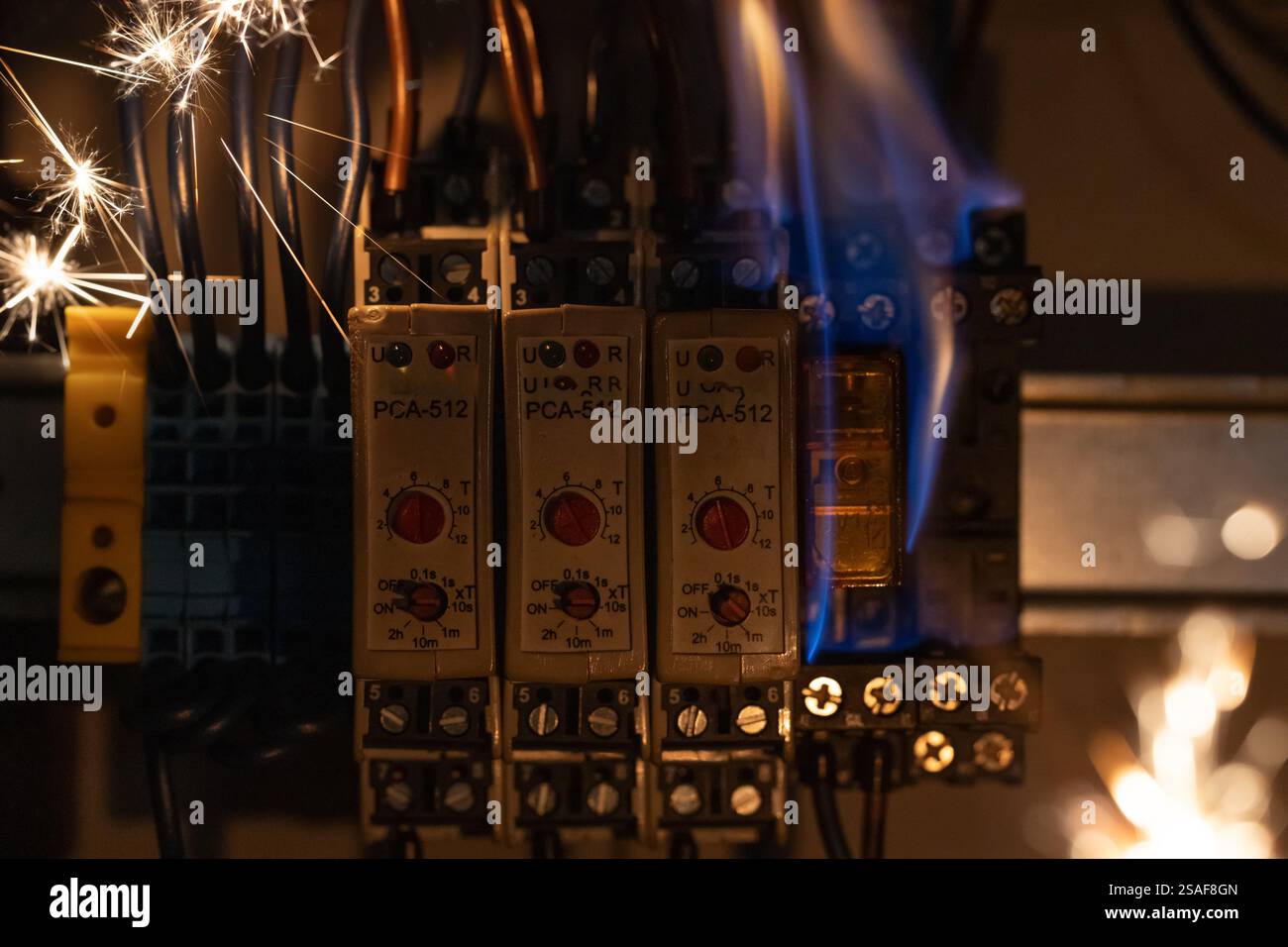 Electrical Panel with Sparks and Flames Stock Photo - Alamy