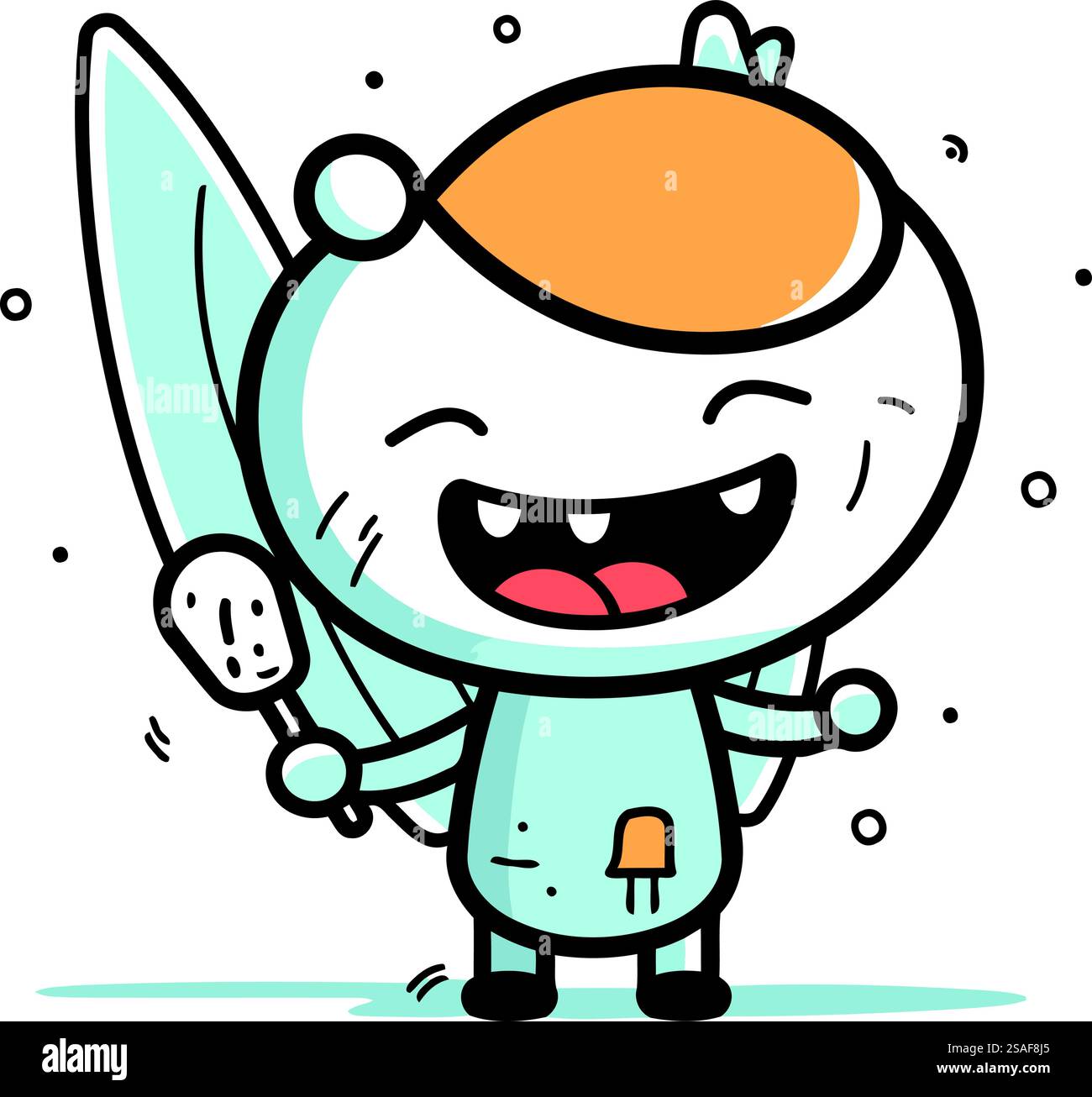 Cartoon illustration of a cute alien holding a sword and smiling Stock ...
