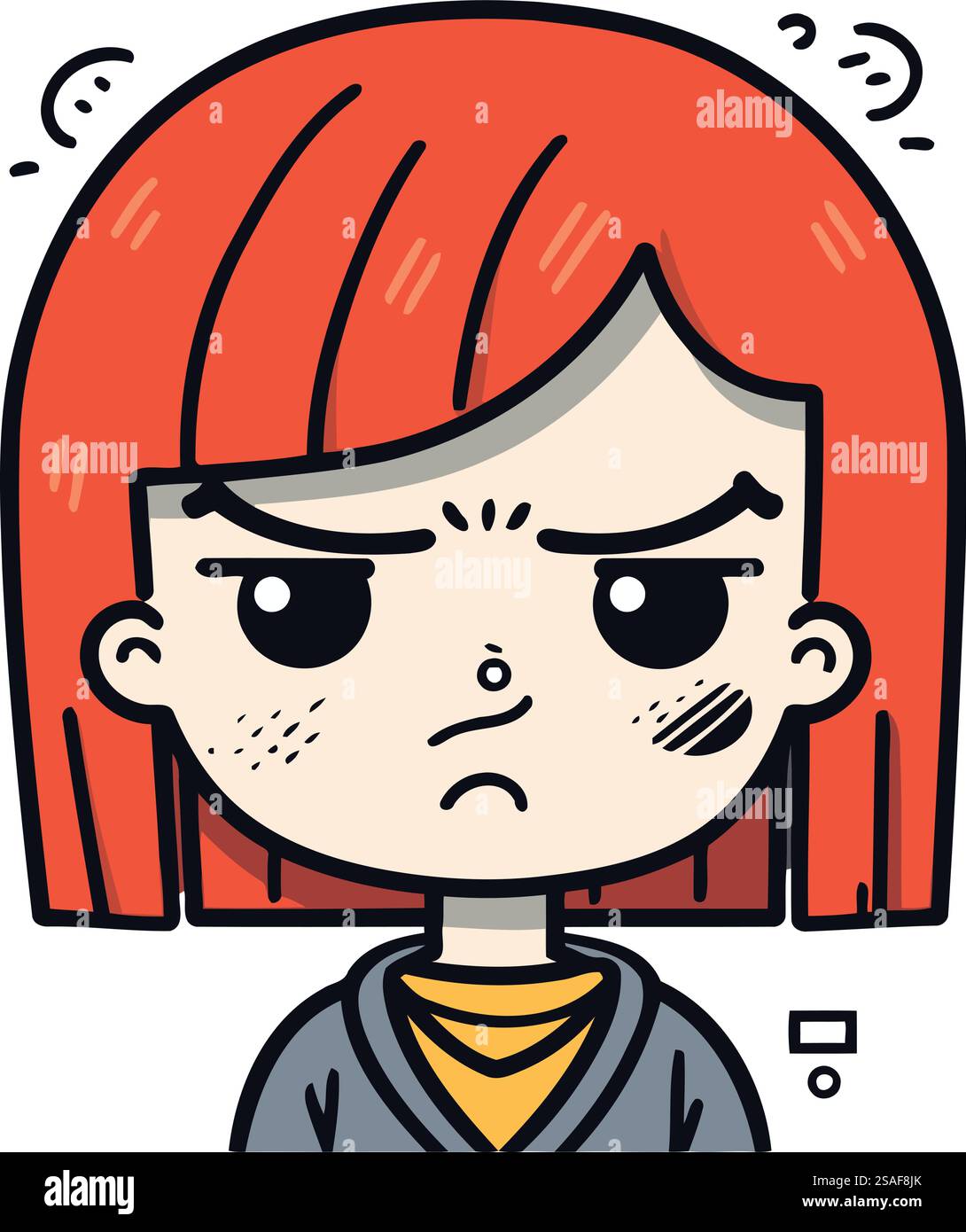 Angry Girl Face Expression Vector Illustration. Cute Cartoon Girl Face with Red Hair Stock ...