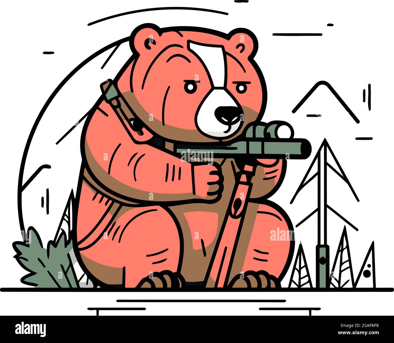 Vector illustration of cute bear with a gun in his hands. Linear style ...