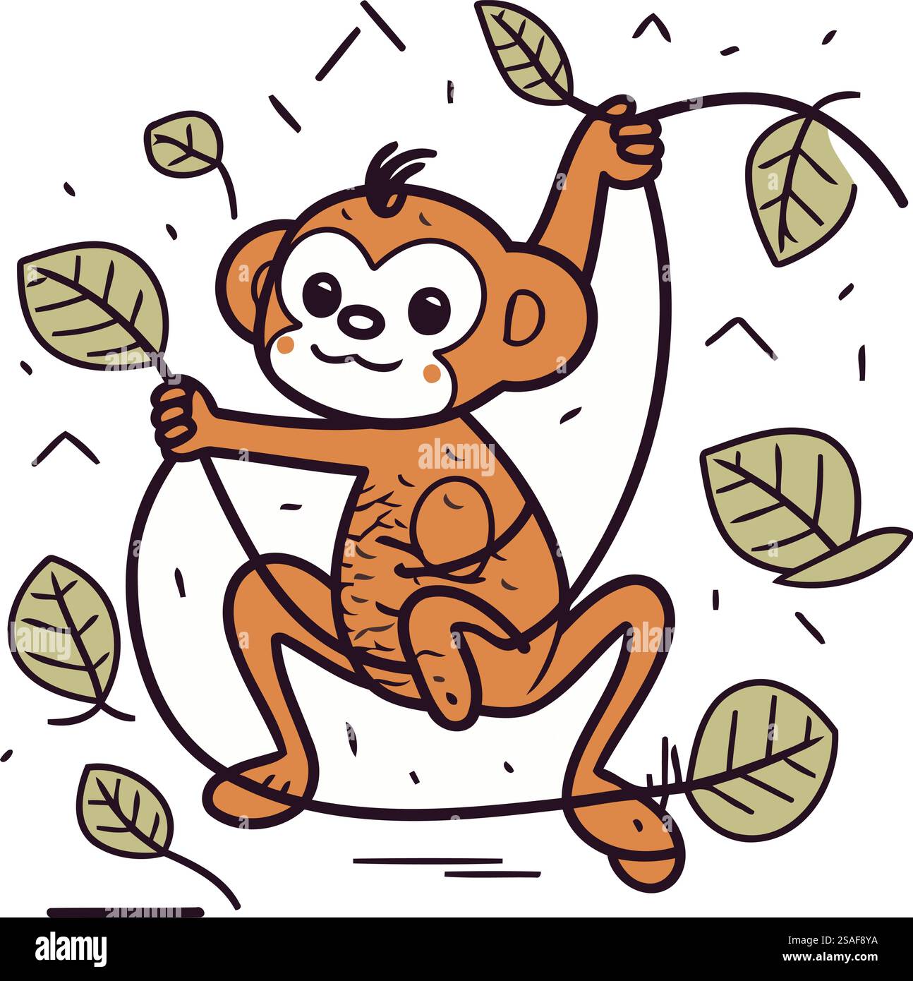 Cute cartoon monkey sitting on the rope with leaves. Vector ...