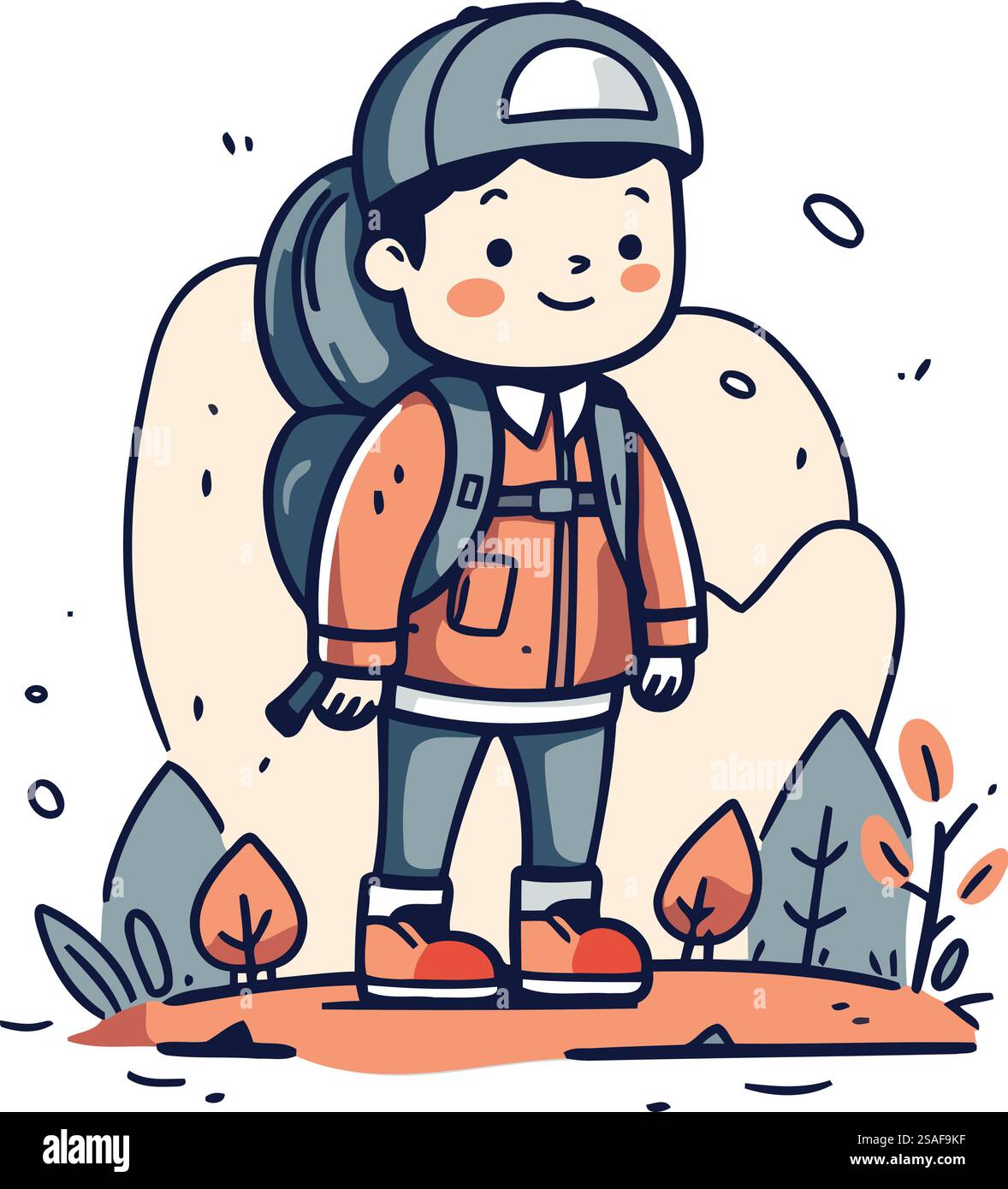 Cute little boy hiking in the forest. Vector illustration in cartoon ...