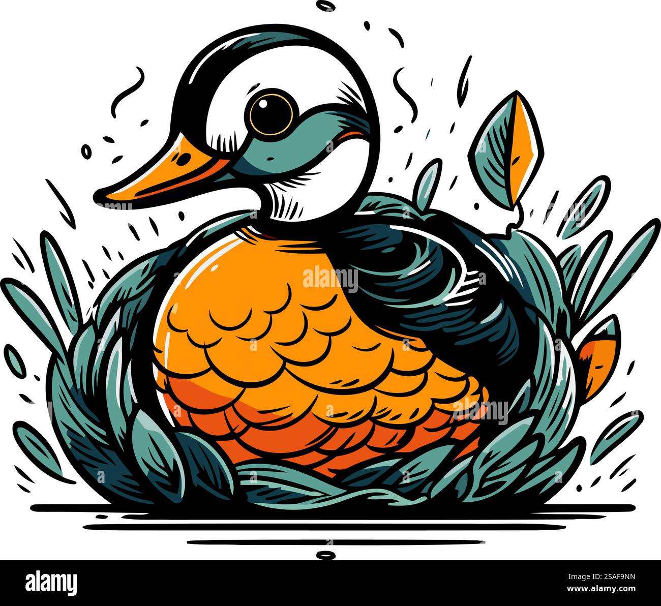 Vector illustration of a duck in the nest. Hand drawn style Stock ...
