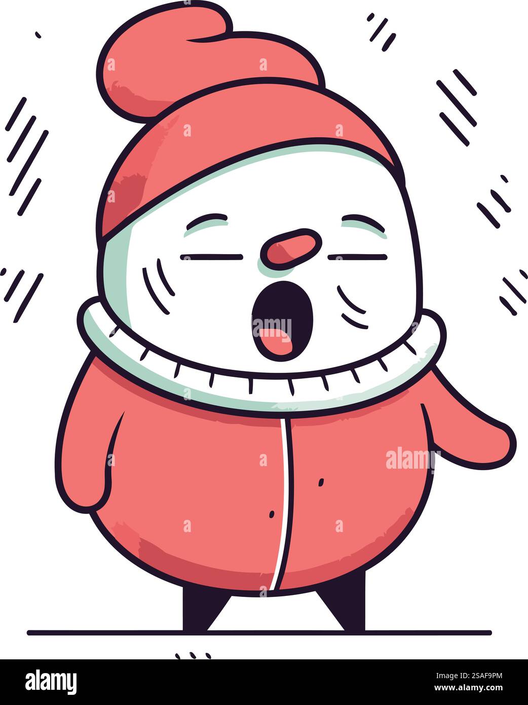 Funny snowman in winter clothes. Vector illustration in flat style ...