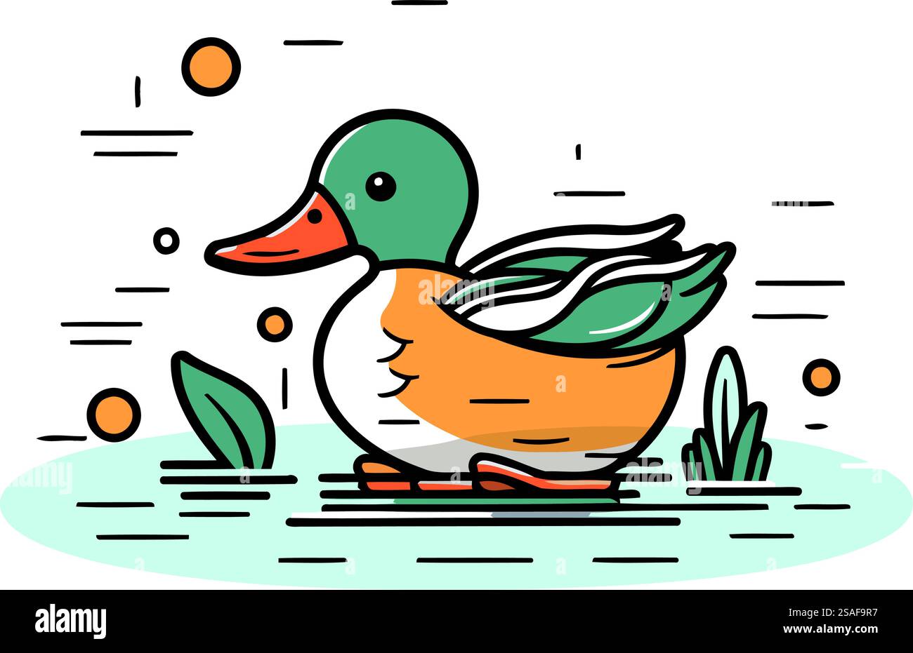 Vector illustration of a cute duck swimming in the lake. Linear style ...