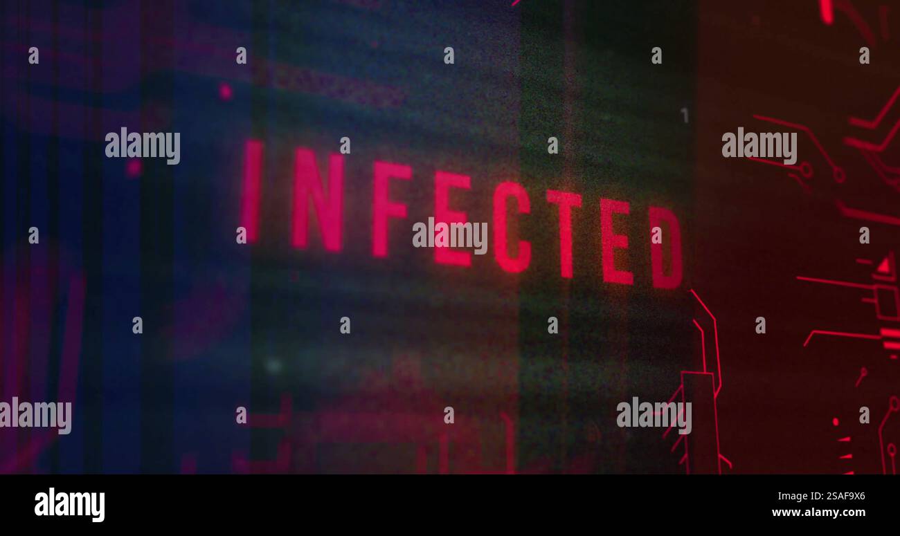 Image of infected text over data processing and server room. Technology and digital interface ...