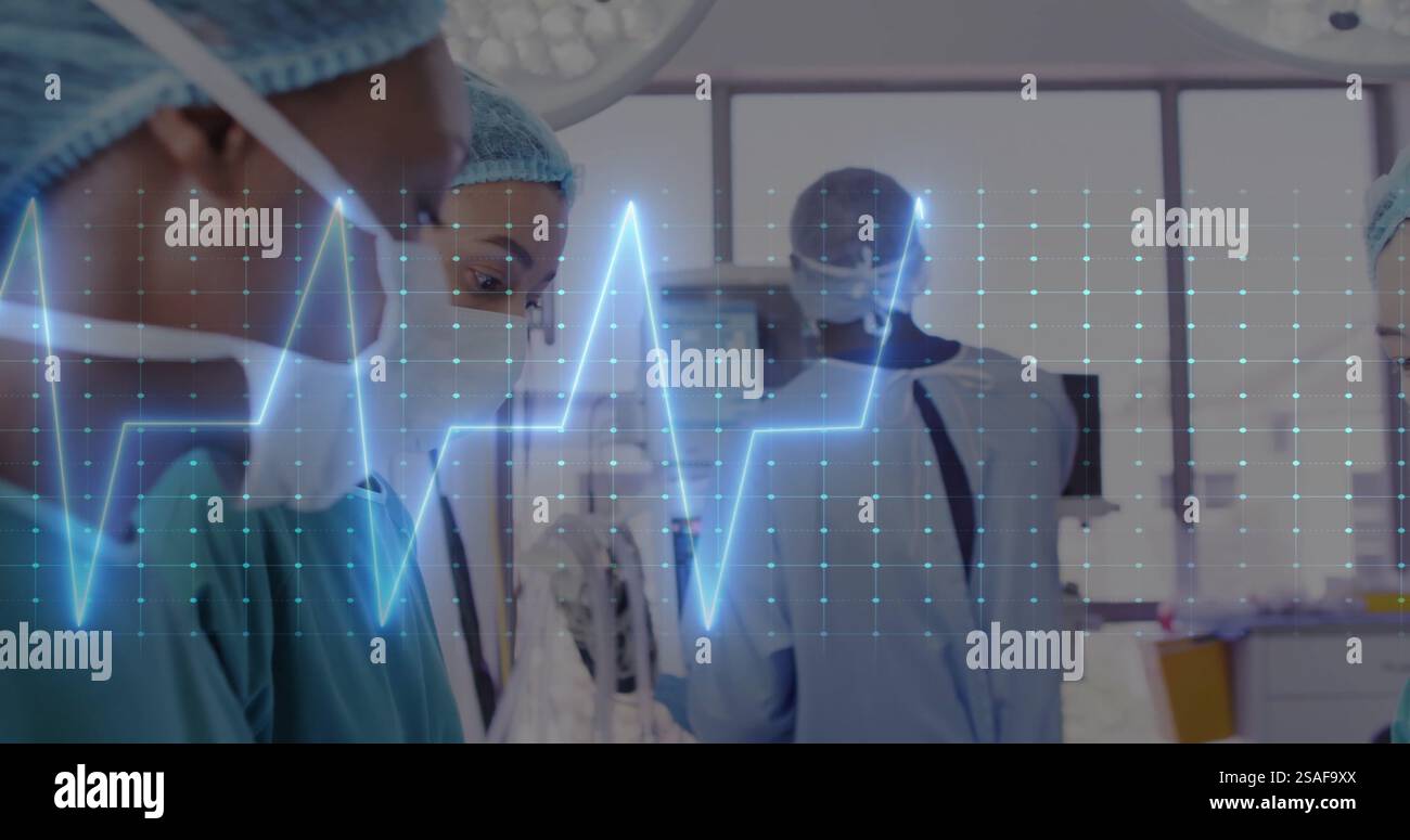 Image of cardiograph over diverse doctors during surgery Stock Photo ...