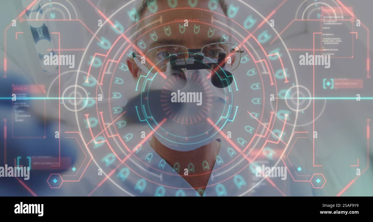 Image of data processing with scope scanning over caucasian male dentist wearing face mask Stock ...