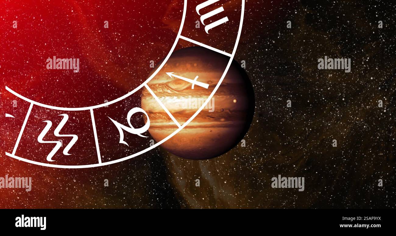 Image of circle with zodiac symbols over globe on black background ...