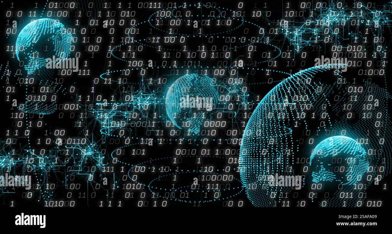 Image of binary coding and data processing over globes Stock Photo - Alamy