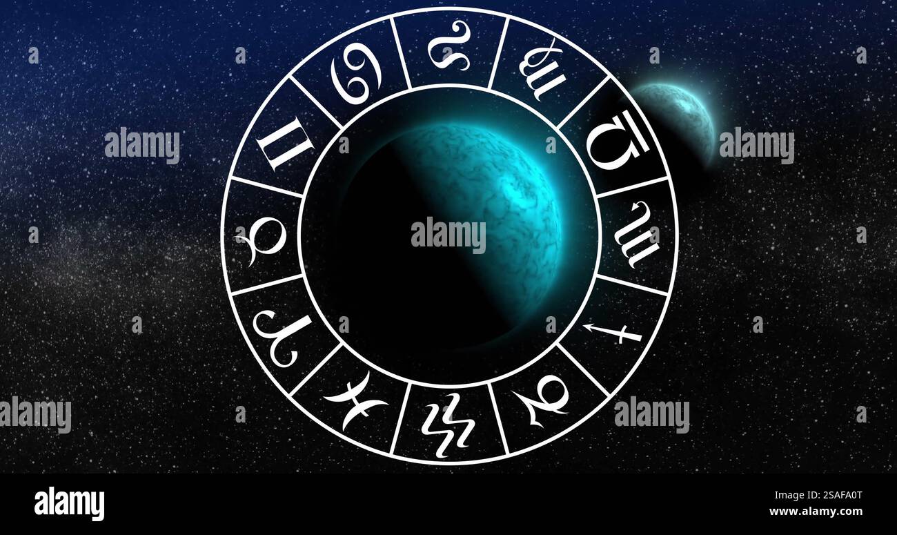 Image of circle with zodiac symbols over globes on black background ...