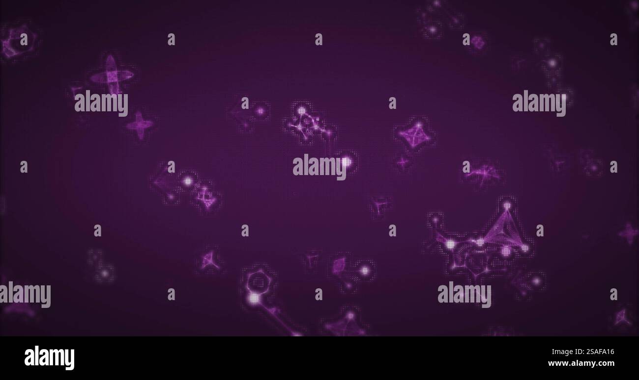 Purple geometric shapes and particles floating in image over dark ...