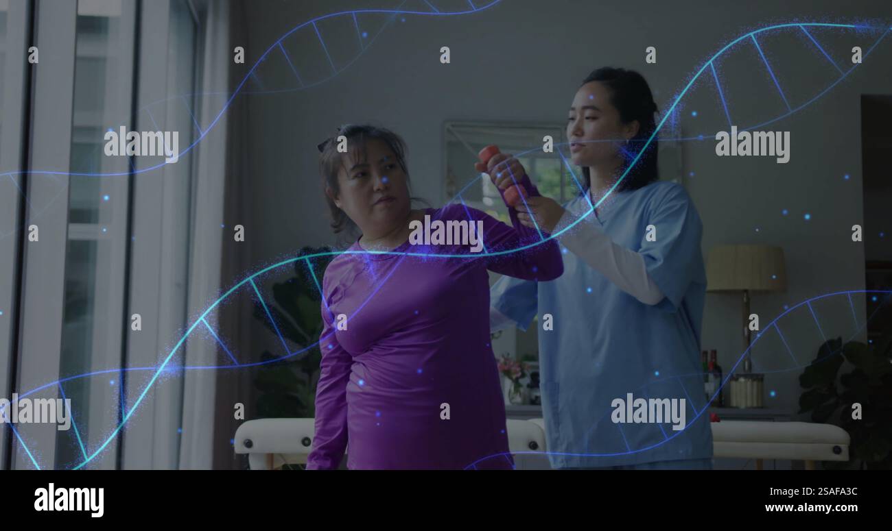 Image of dna strands over asian female nurse treating female patient ...