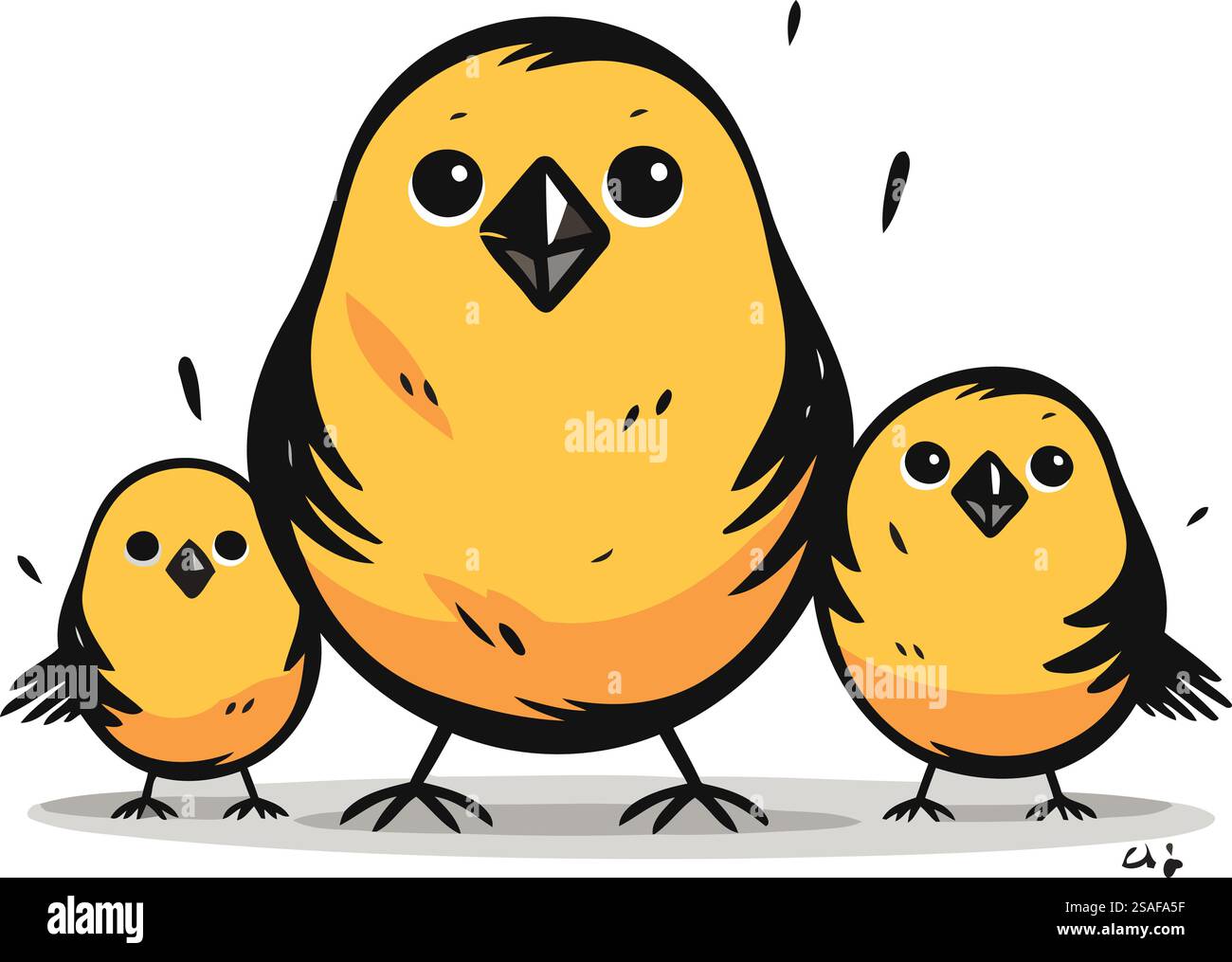 Cute little yellow bird with chicks. Hand drawn vector illustration ...