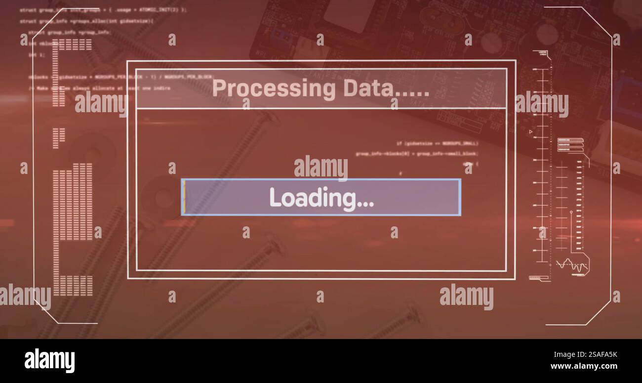 Image of data processing and loading bar over computing board Stock Photo - Alamy