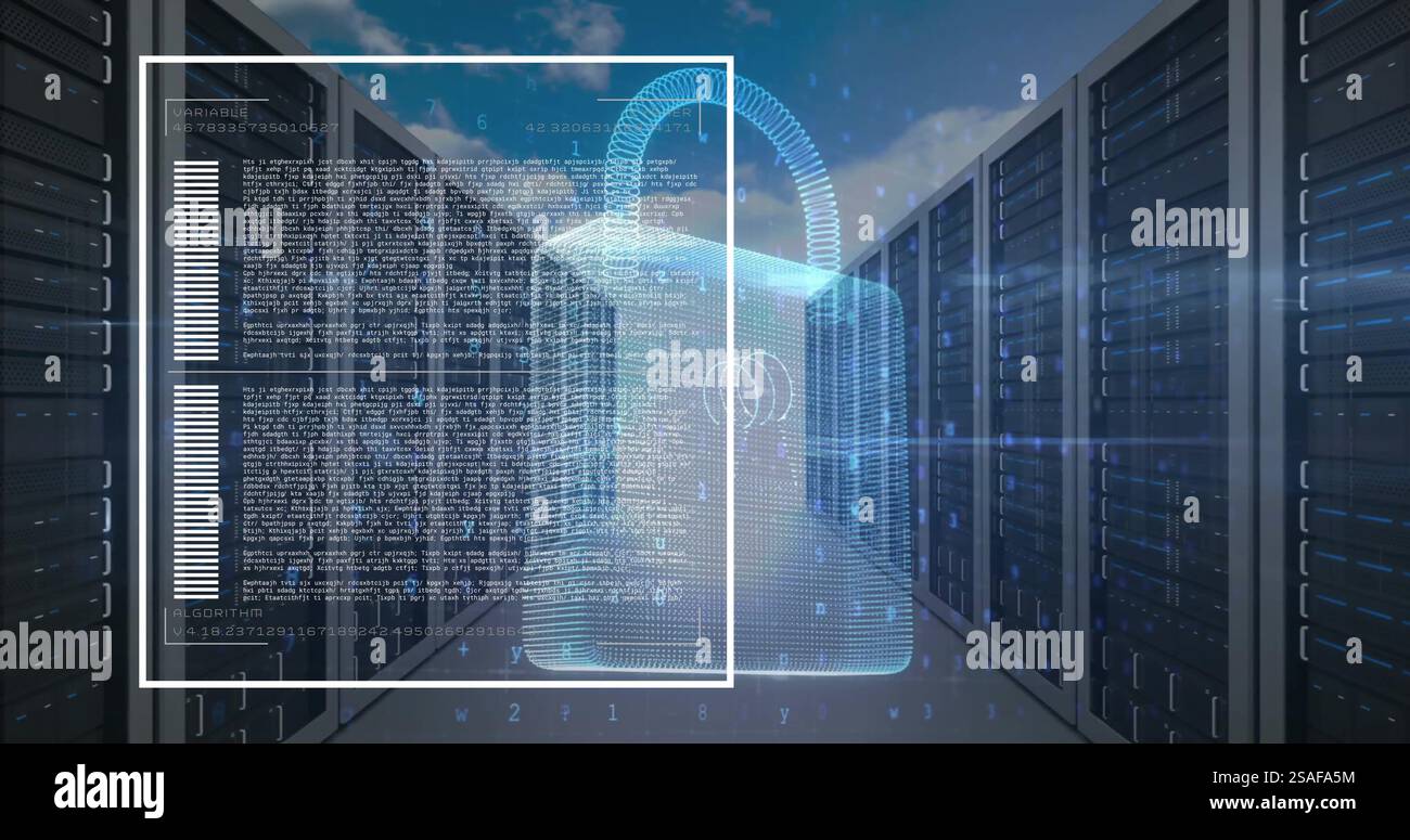Image of data processing and padlock over server room Stock Photo - Alamy
