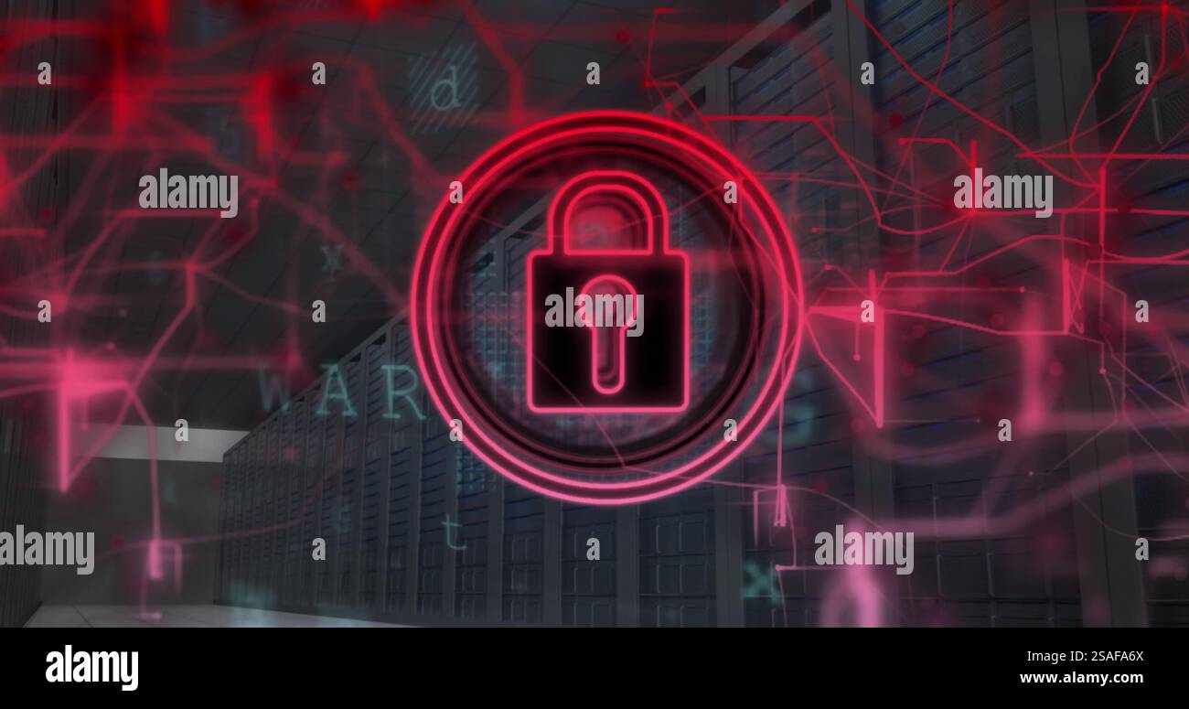 Image of padlock icon and data processing over server room Stock Photo - Alamy