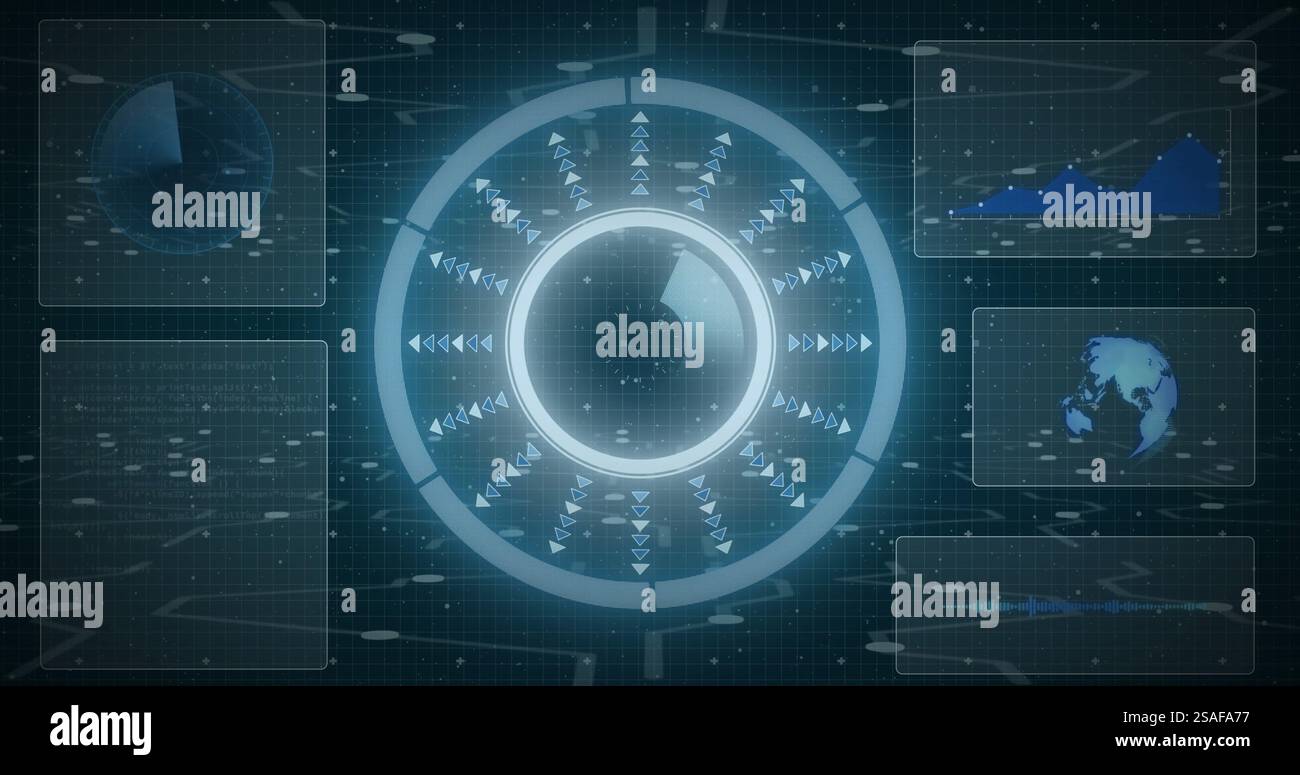 Image of scope scanning over data processing with connections, diagrams and globe. Technology ...