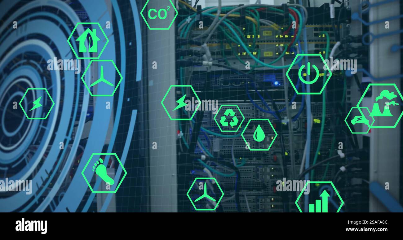 Image of digital eco icons and data processing over computer servers ...