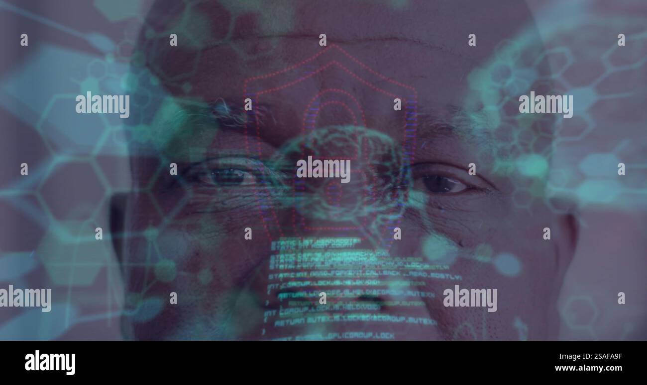Image of molecules with brain and data processing over african american ...