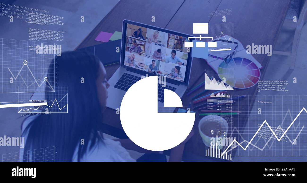 Image of data processing and diagrams over diverse female teacher and ...