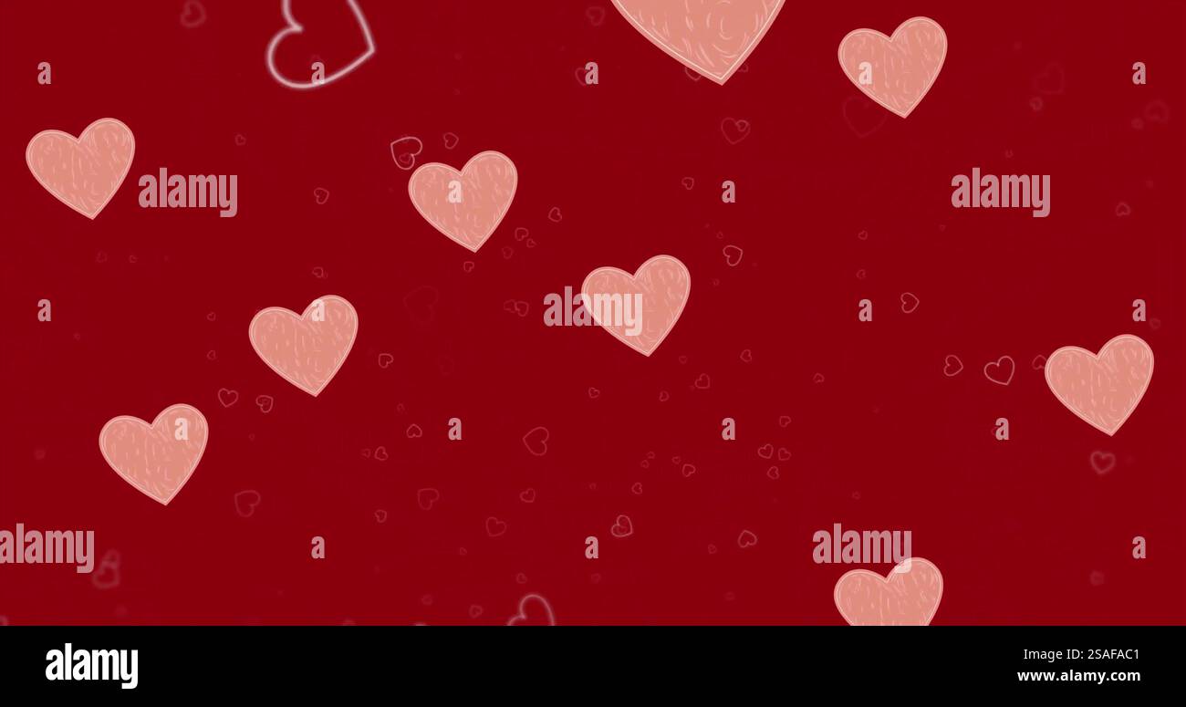 Image of pink hearts falling over outline hearts on dark red background ...