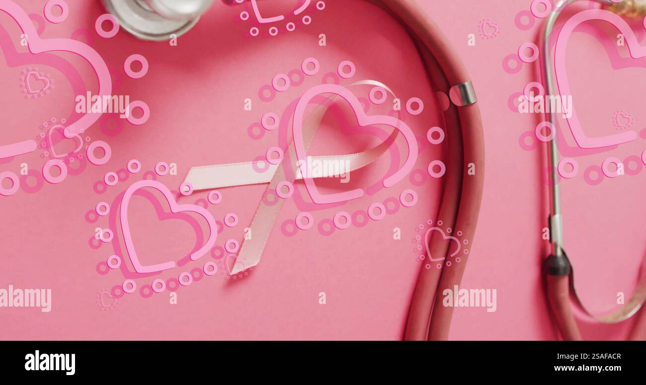 Image of hearts over pink ribbon and stethoscope on pink background ...