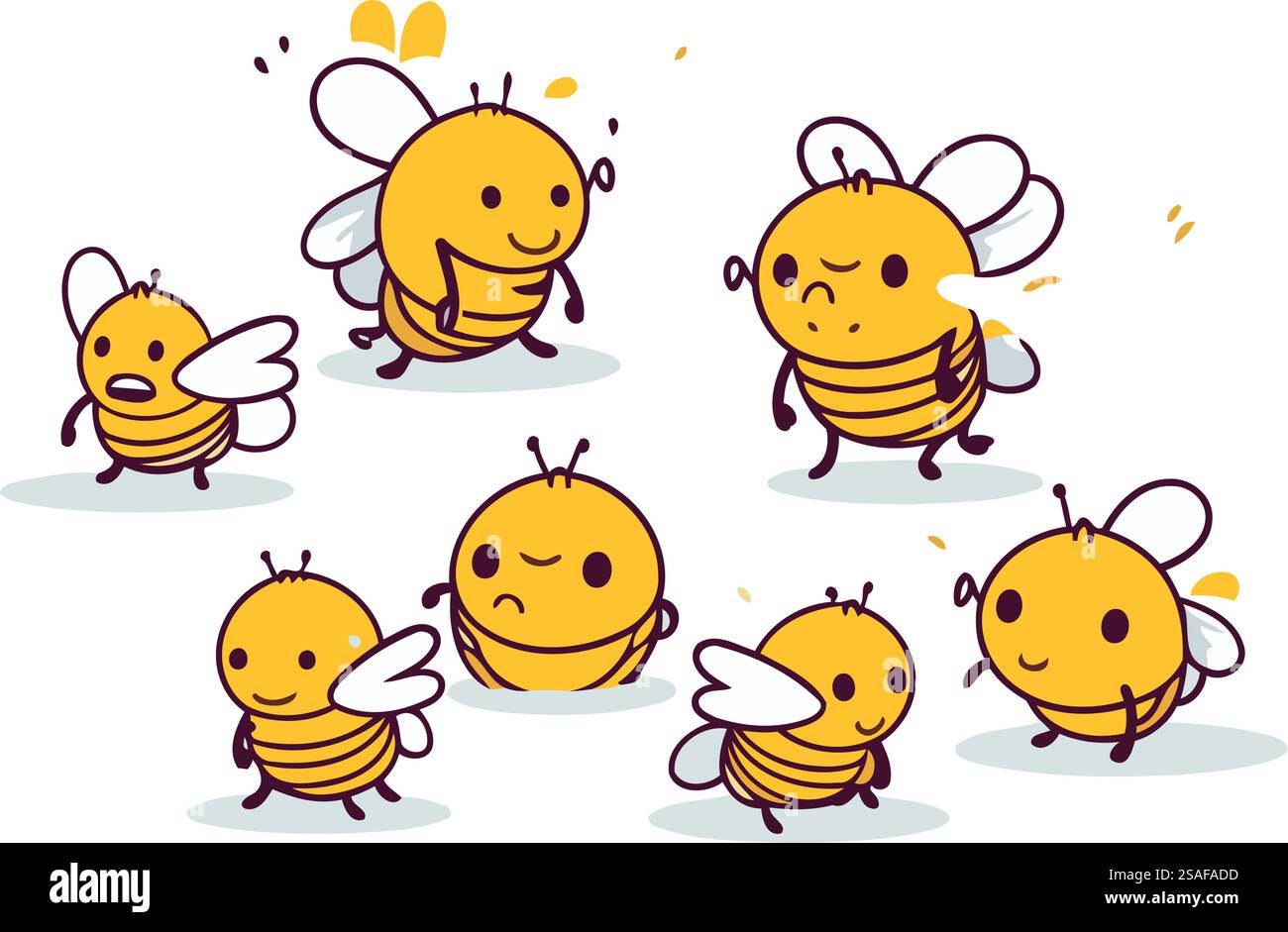 Cute cartoon bee character with various facial expressions. Vector ...