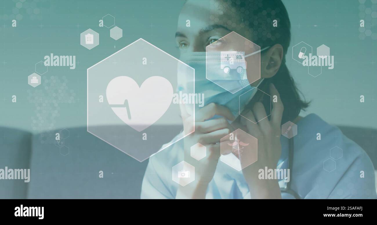 Image of heartbeat and medical icons over caucasian female doctor ...
