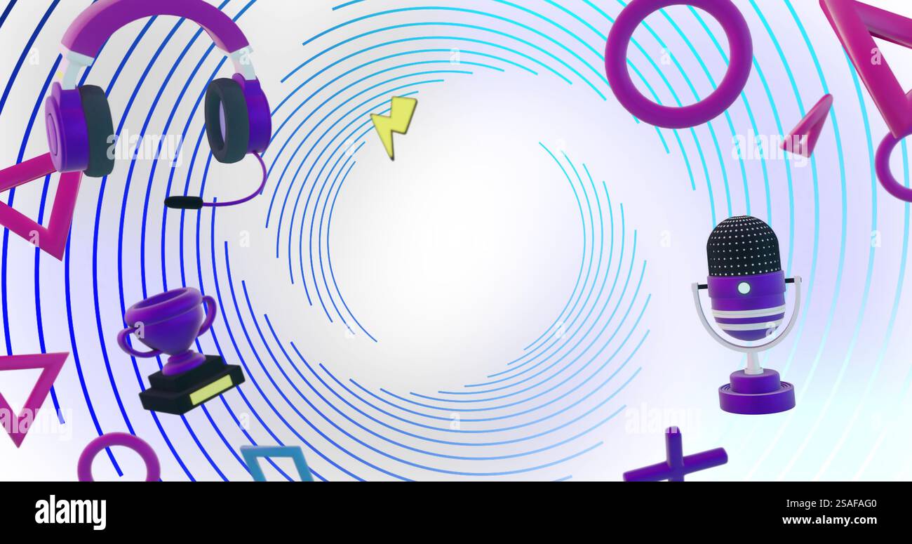Image of game controllers, equipment and icons over blue spiral lines ...