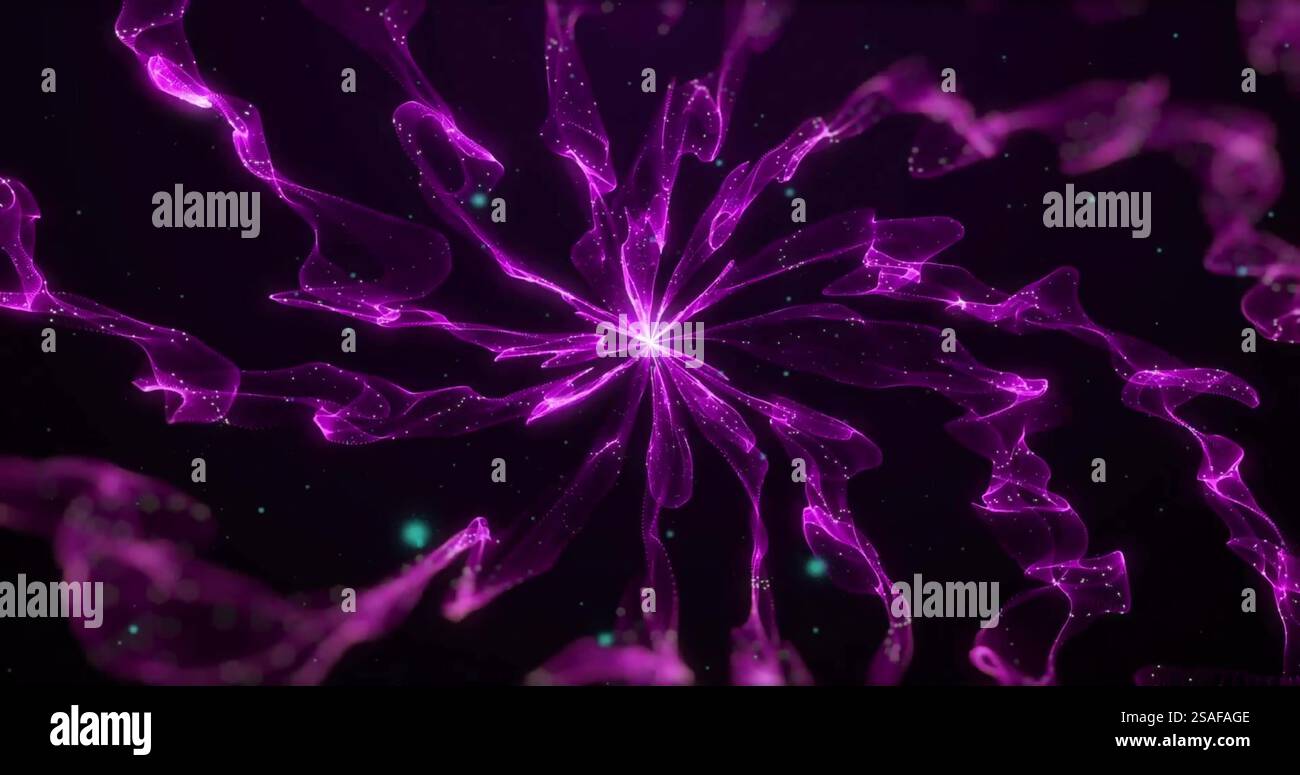 Image of glowing purple light trails moving over black background ...