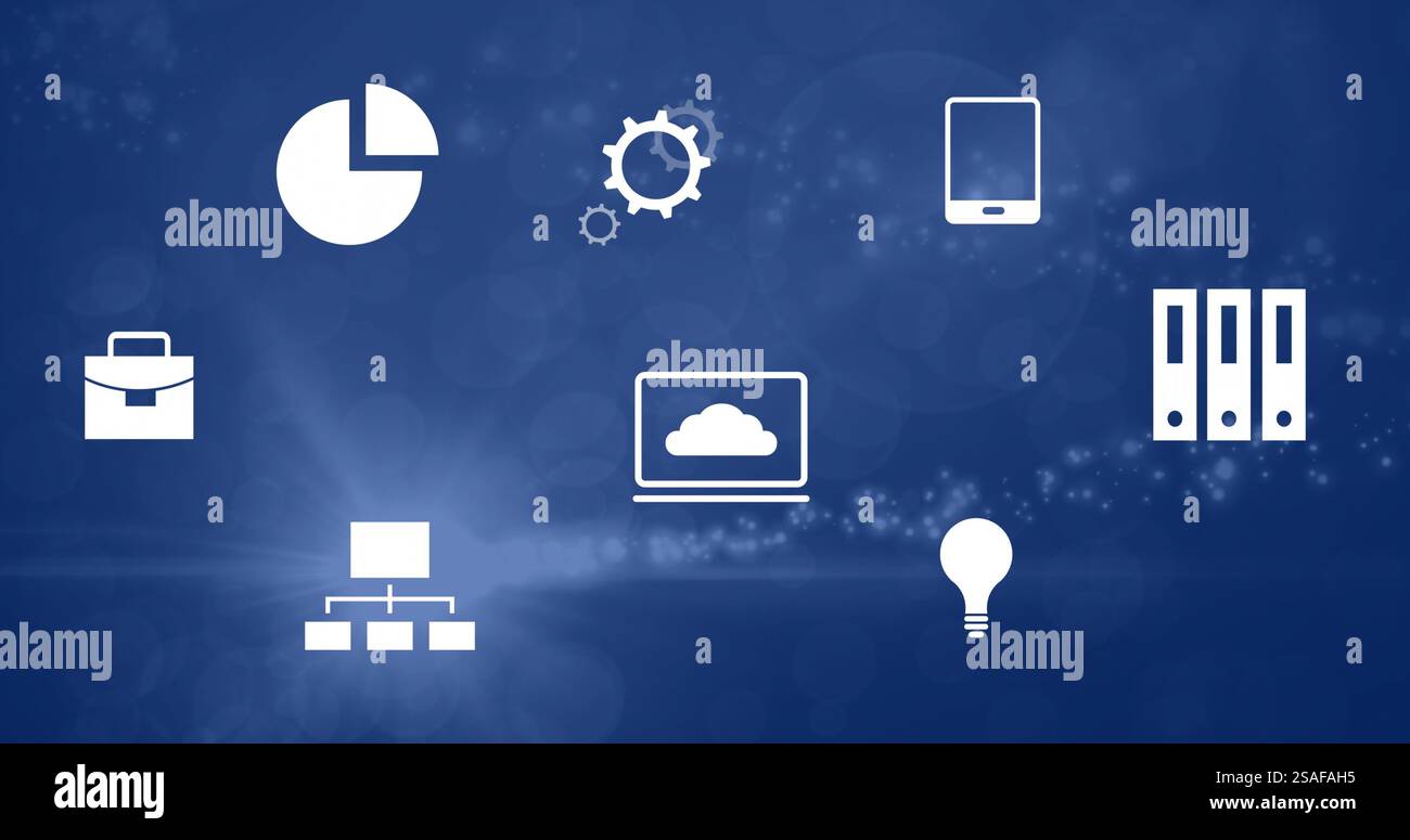 Image of digital icons and data processing over blue background Stock ...