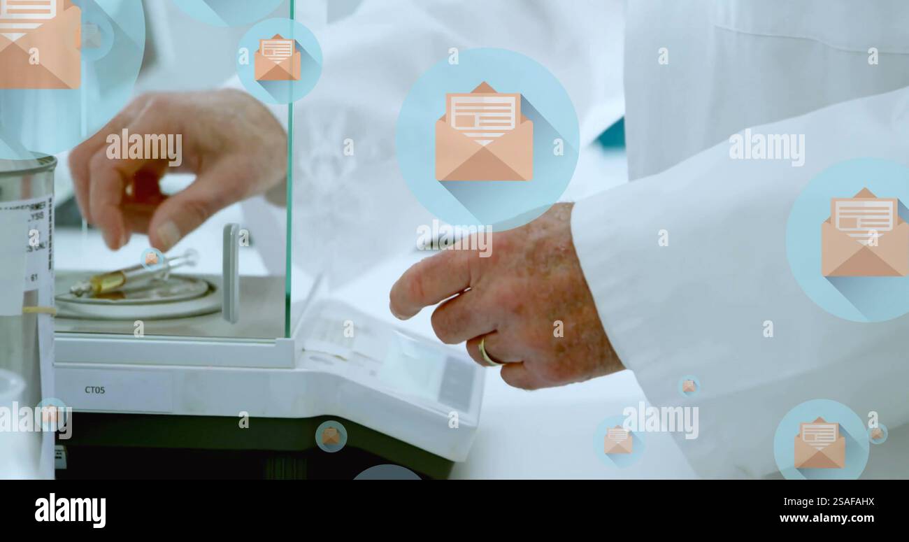 Image of mail icons and data processing over caucasian male scientist ...