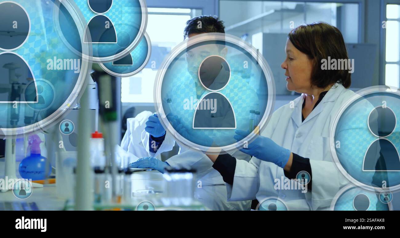 Image of people icons and data processing over diverse scientists in laboratory Stock Photo - Alamy