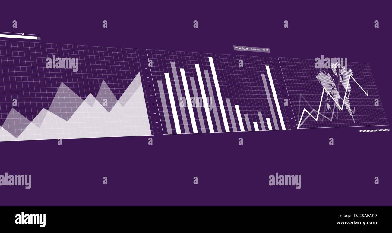 Image of statistics and data processing over purple background. Global ...