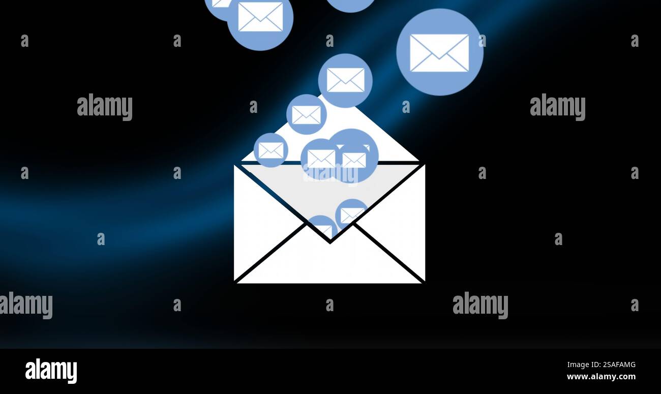 Image of email icons flying over blue background Stock Photo - Alamy