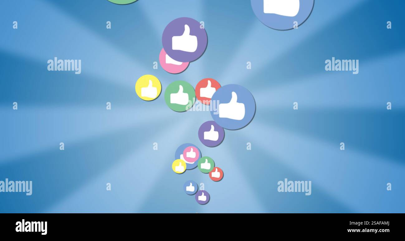 Image of thumbs up icons flying over blue background Stock Photo - Alamy